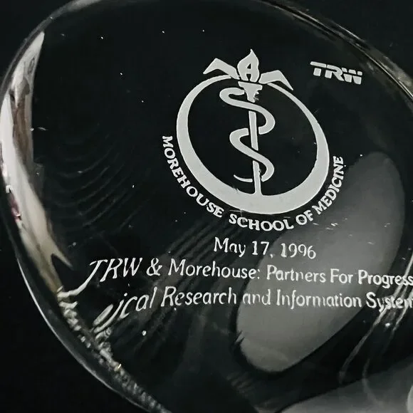 RARE 1996 TRW Morehouse School of Medicine Clear Glass Etched Paperweight